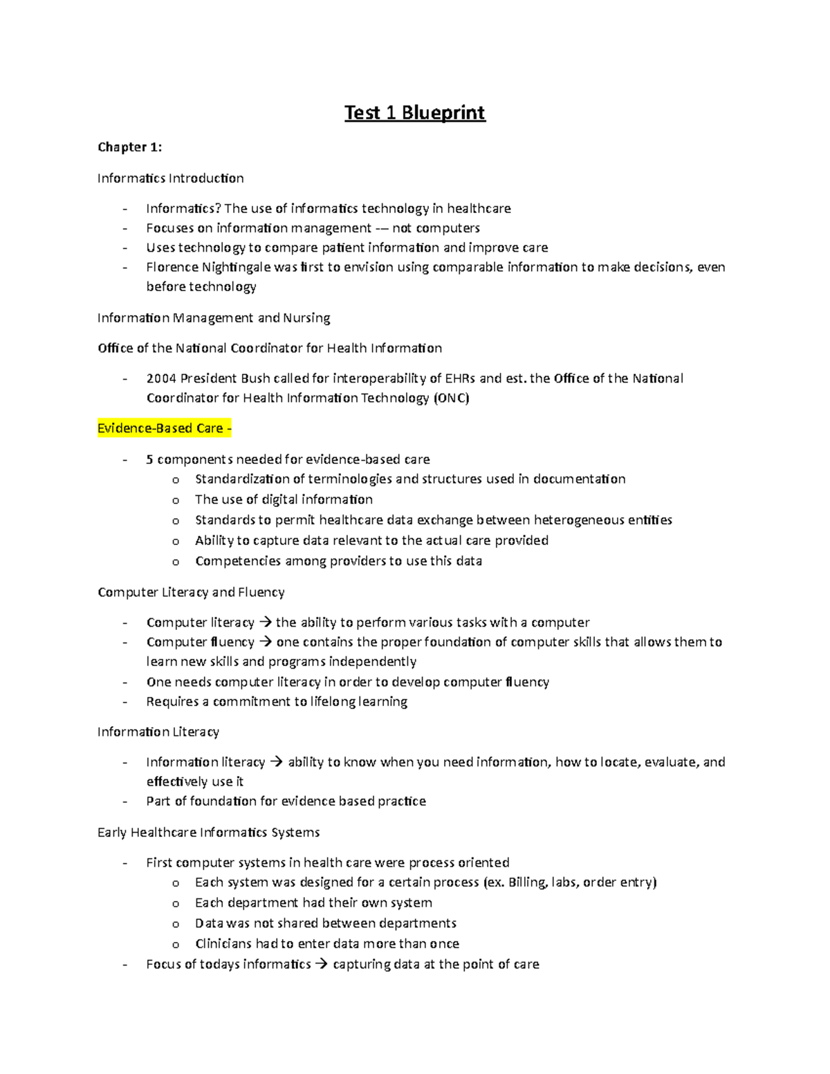Test 1 Blueprint Informatics Test 1 Blueprint Chapter 1 Informatics Introduction Informatics