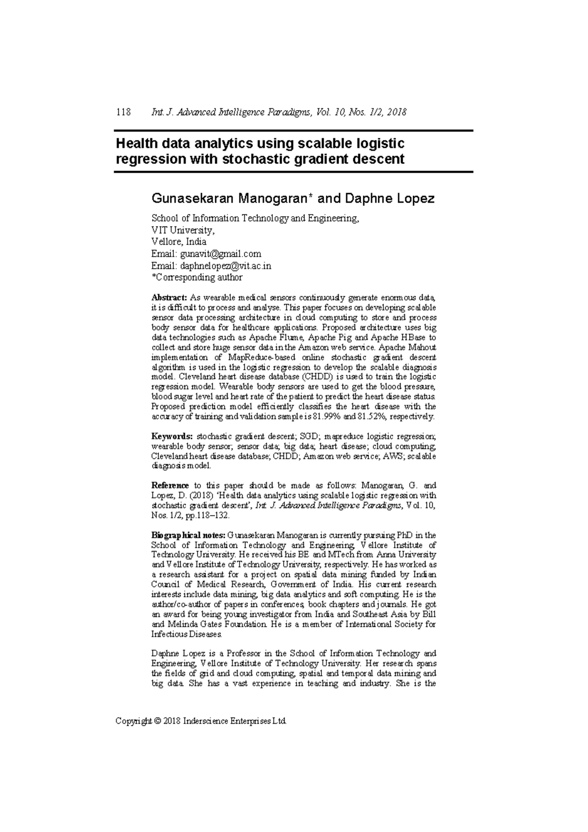 Health Data Analytics Using Scalable Logistic 118 Int J Advanced Intelligence Paradigms Vol