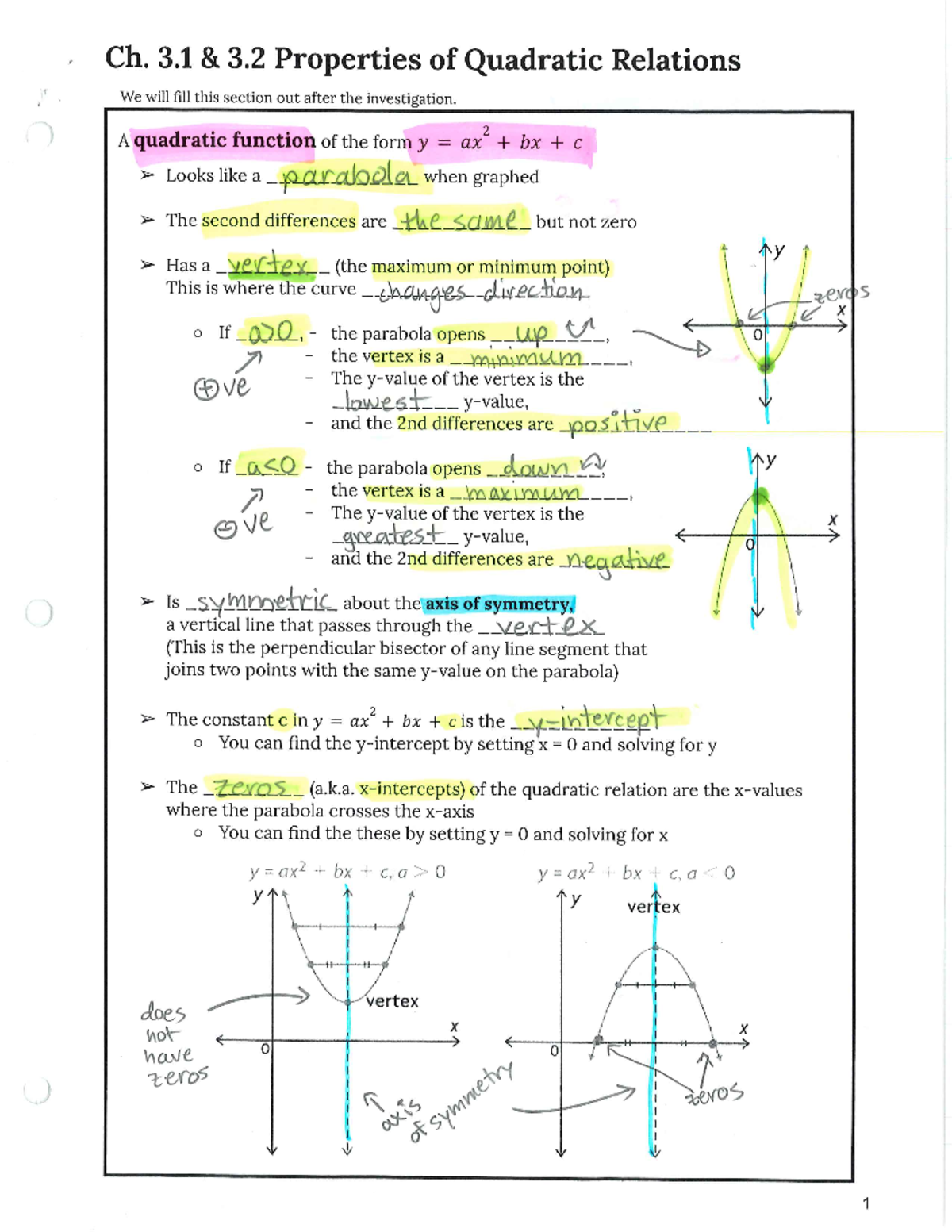 Ch. 3.1-3.2 - Properties of Quadratic Relations - Completed Note Sheet ...