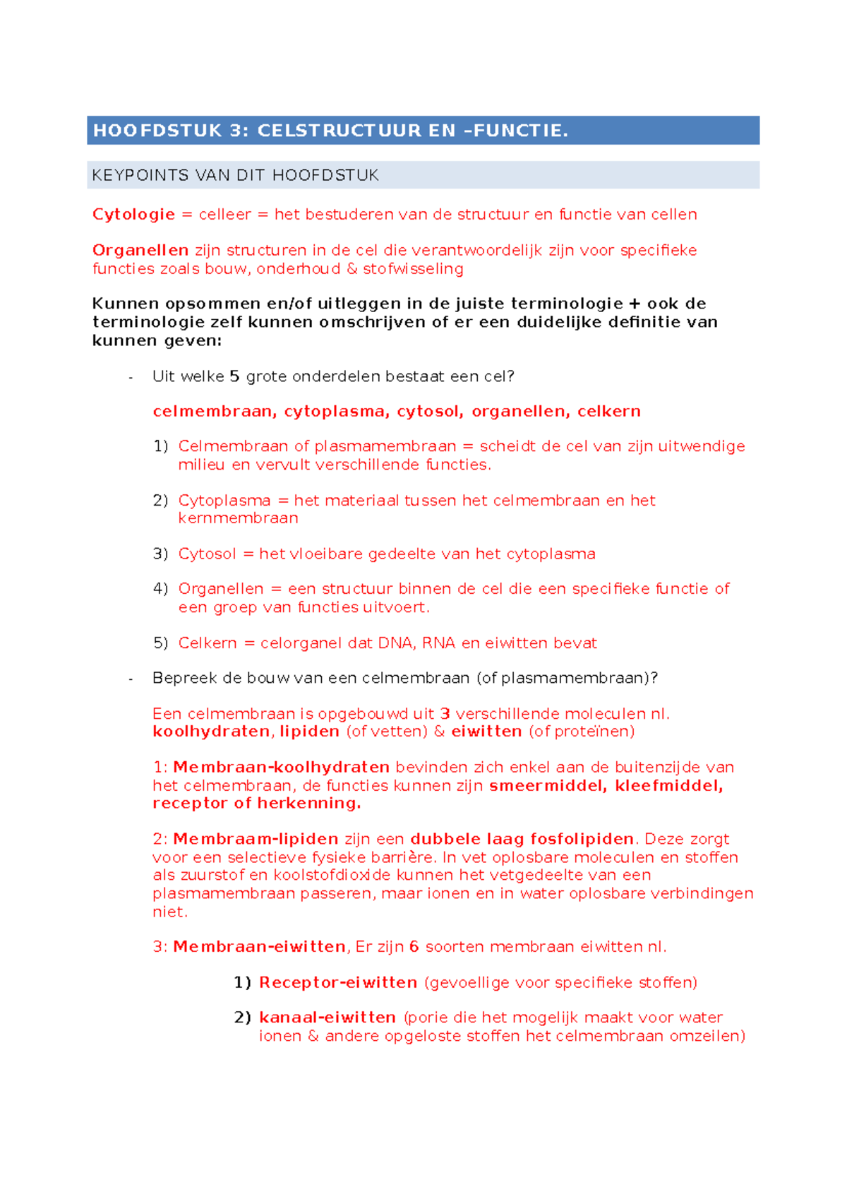 03 Key-points De celstructuur en -functie - HOOFDSTUK 3: CELSTRUCTUUR ...