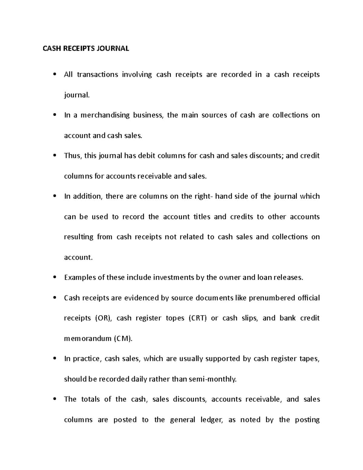 CASH Receipts Journal - CASH RECEIPTS JOURNAL All transactions ...