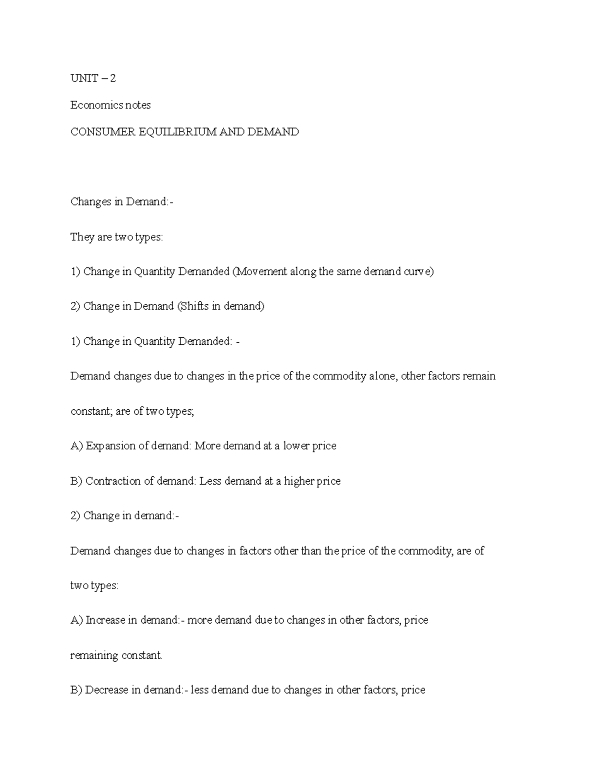 UNIT –2 Economics Notes 4 pt - UNIT – 2 Economics notes CONSUMER ...