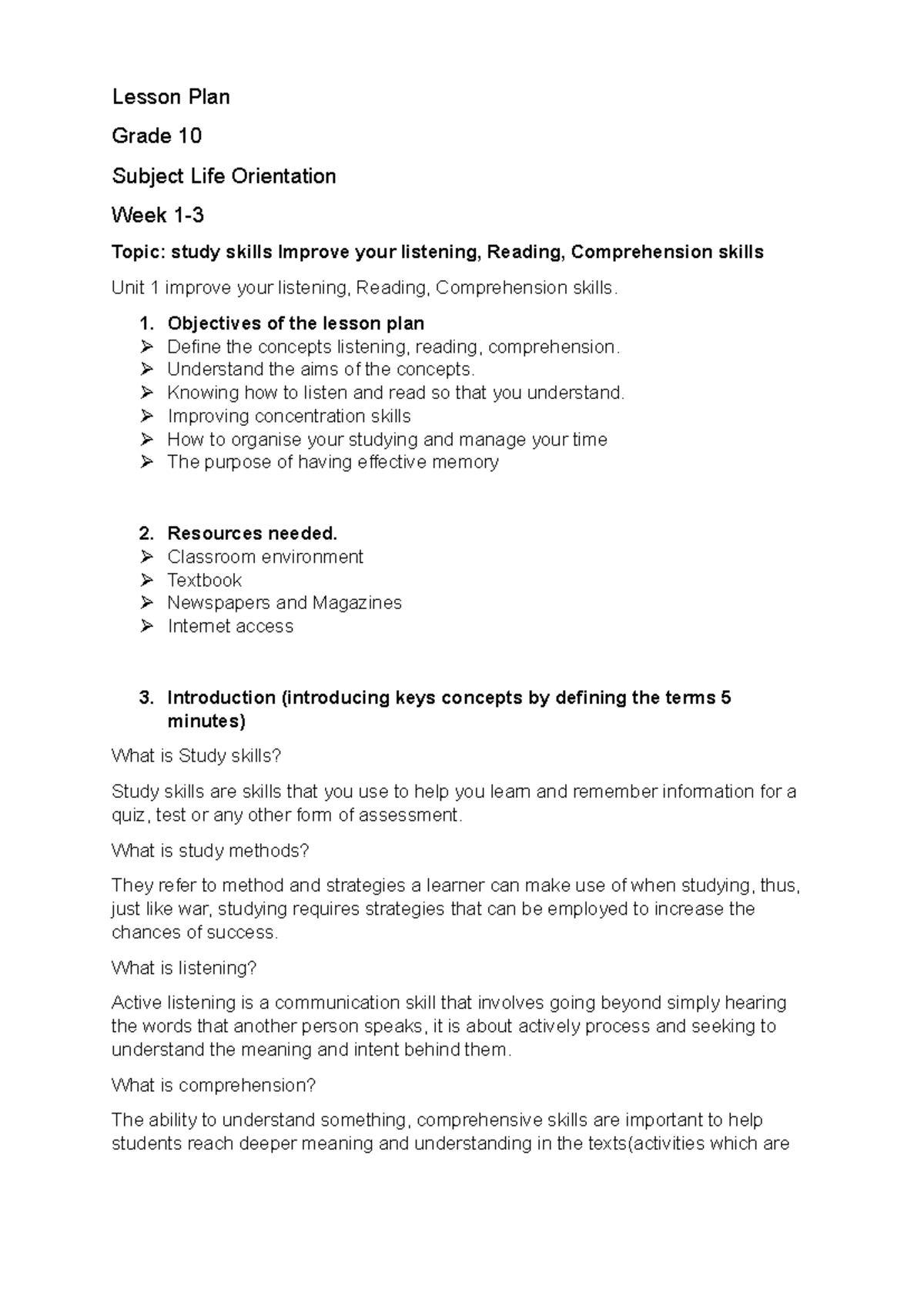 Lesson PLAN Grade 10 - Lesson Plan Grade 10 Subject Life Orientation ...