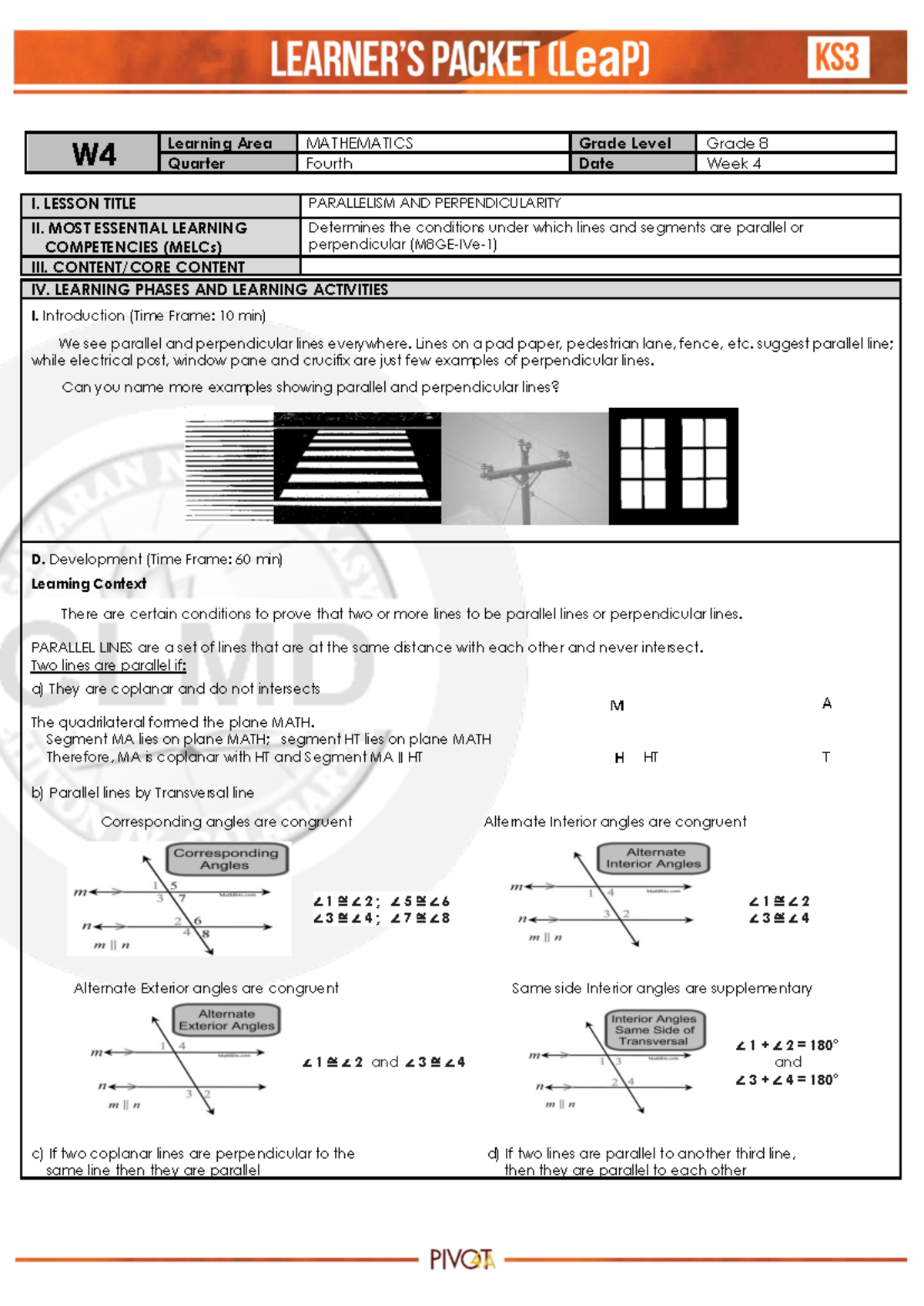 Q4 Math 8 Week 4 - DLP - ∠ 1 ≅ ∠ 2 and ∠ 3 ≅ ∠ 4 ∠ 1 + ∠ 2 = 180° and ∠ ...