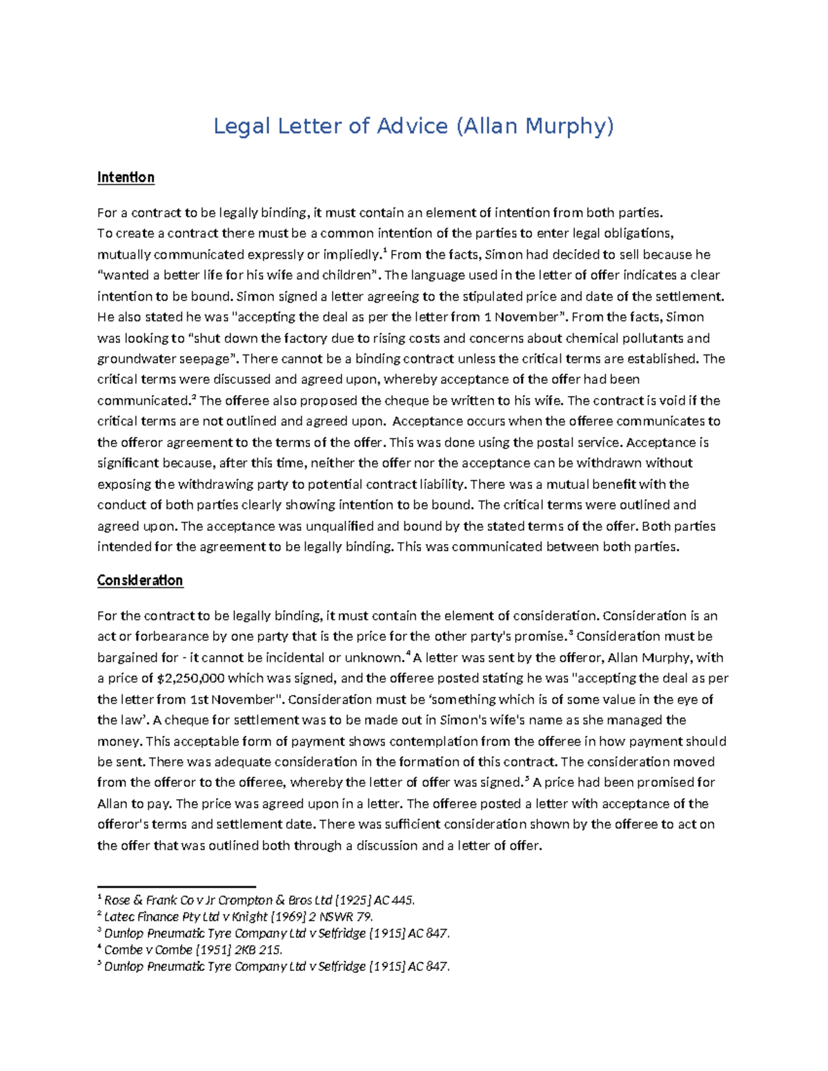 Assessment A Word Document Final - Legal Letter of Advice (Allan Murphy ...