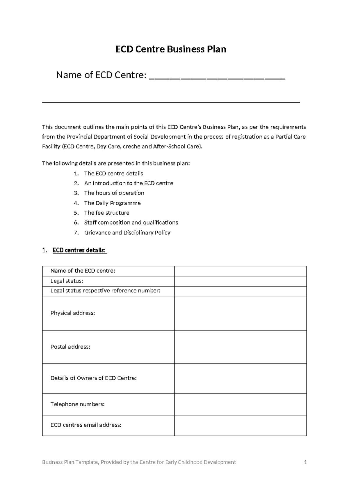 Business-plan - FFFFFFFFFF - ECD Centre Business Plan Name of ECD ...