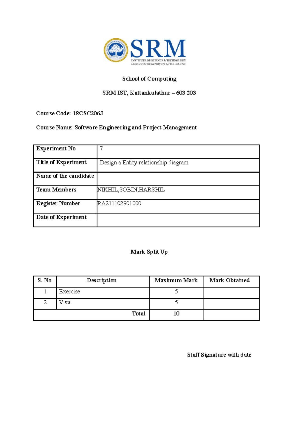 EX 7 SPAMfvfvfvvf - School of Computing SRM IST, Kattankulathur – 603 ...