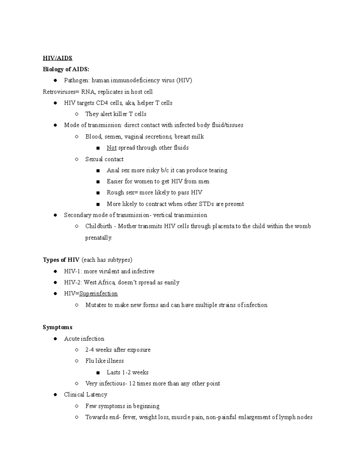 Disease and Society notes - HIV/AIDS Biology of AIDS: Pathogen: human ...