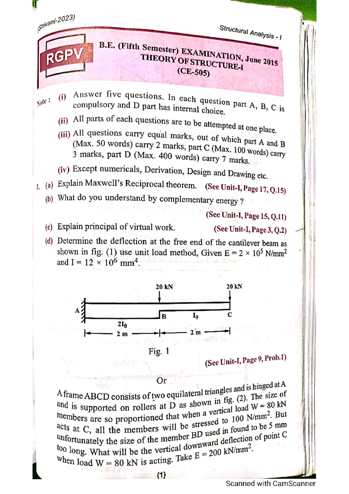 TOS 2015-2022 Questions - Structural Analysis I RGPV B. (Fifth THEORY Semester) OF EXAMINATION ...