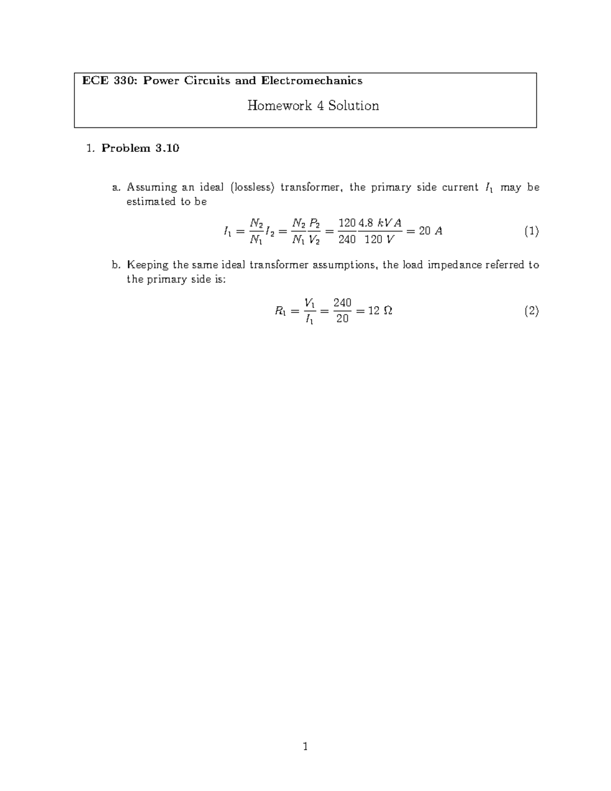 HW4 sol - spring 2019 hw 4 - ECE 330: Power Circuits and Electromechanics Homework 4 Solution ...
