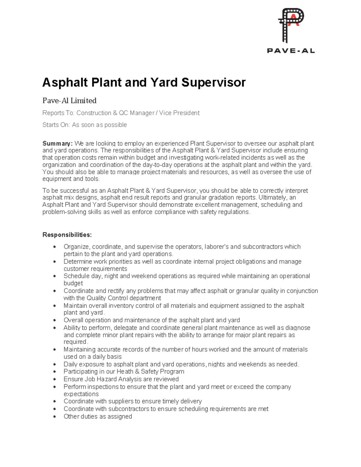 Job Posting Asphalt Plant and Yard Supervisor - Asphalt Plant and Yard ...
