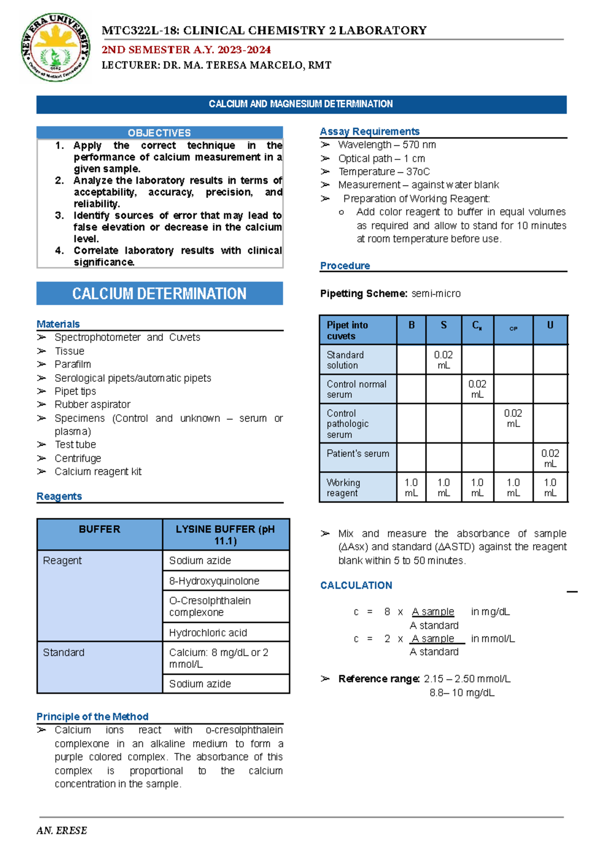 Ca & Mg CC 2 LAB - Clinical chem - MTC322L-18: CLINICAL CHEMISTRY 2 ...