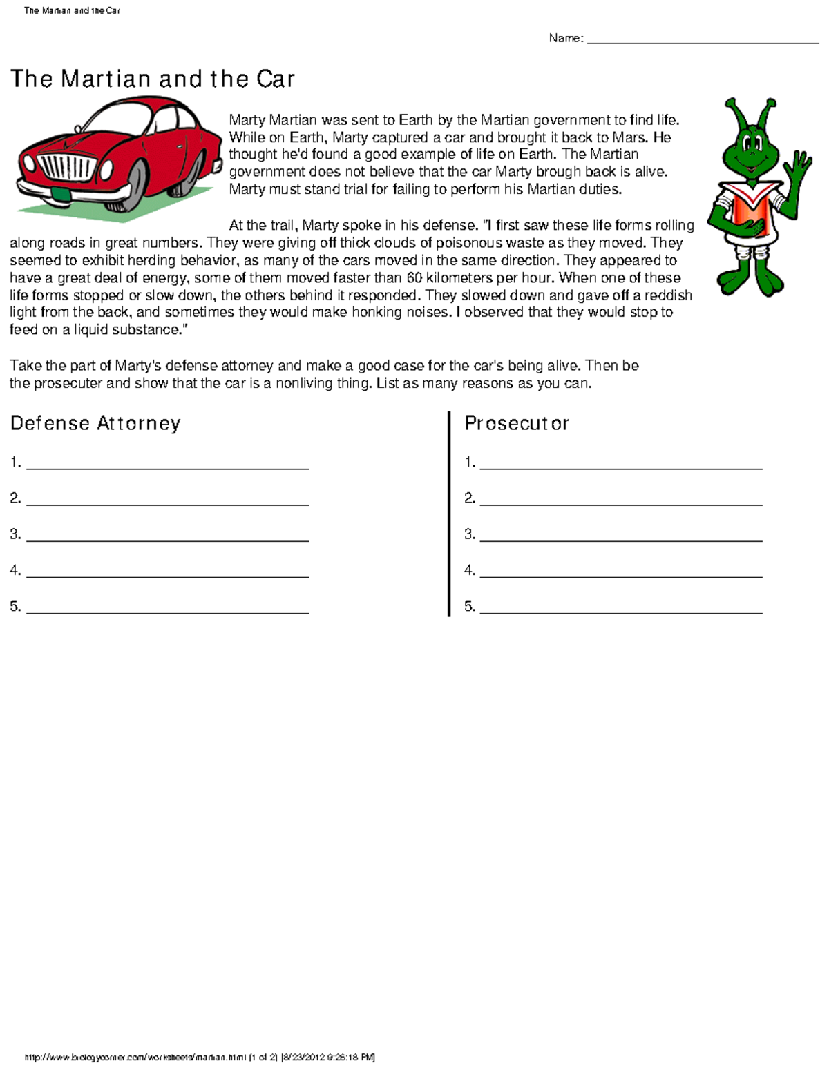 The martian and the car - biology - The Martian and the Car Name: - Studocu