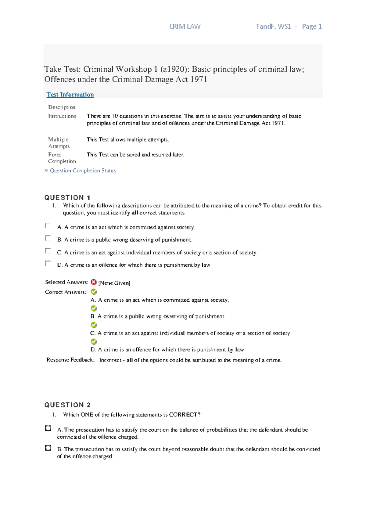 Crimyr 2ptwgdl - T and F Exercises WS 1 to 5 - Take Test: Criminal ...