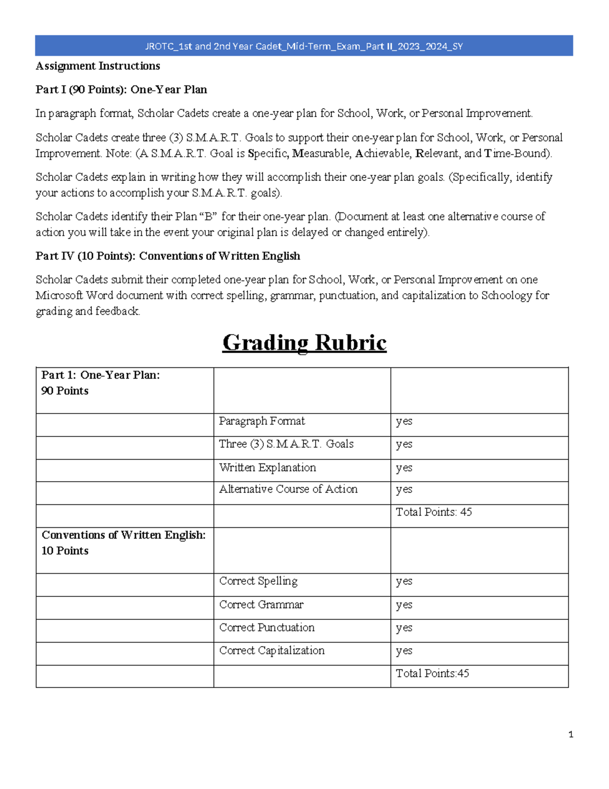 1st and 2nd Year Cadet Mid-Term Exam Part II 2023 2024 SY One-Year Plan ...