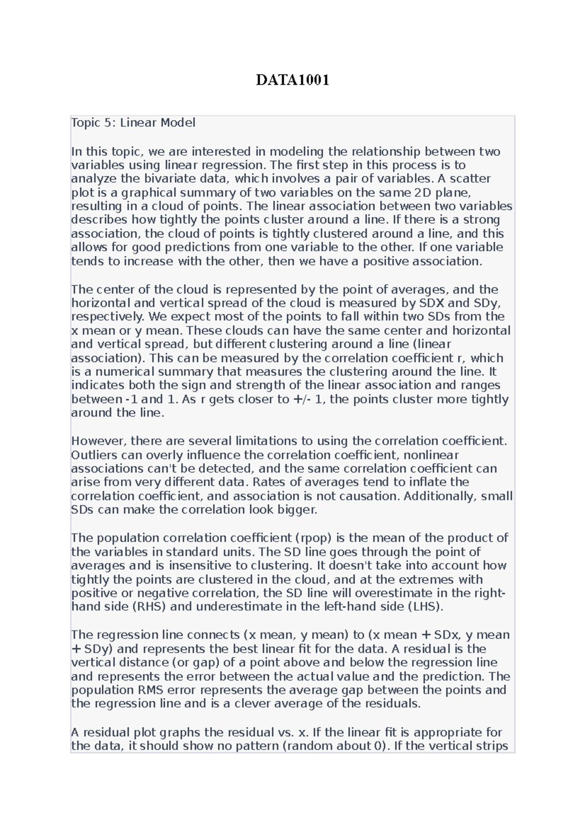 DATA1001 Topic 5 notes - DATA Topic 5: Linear Model In this topic, we ...