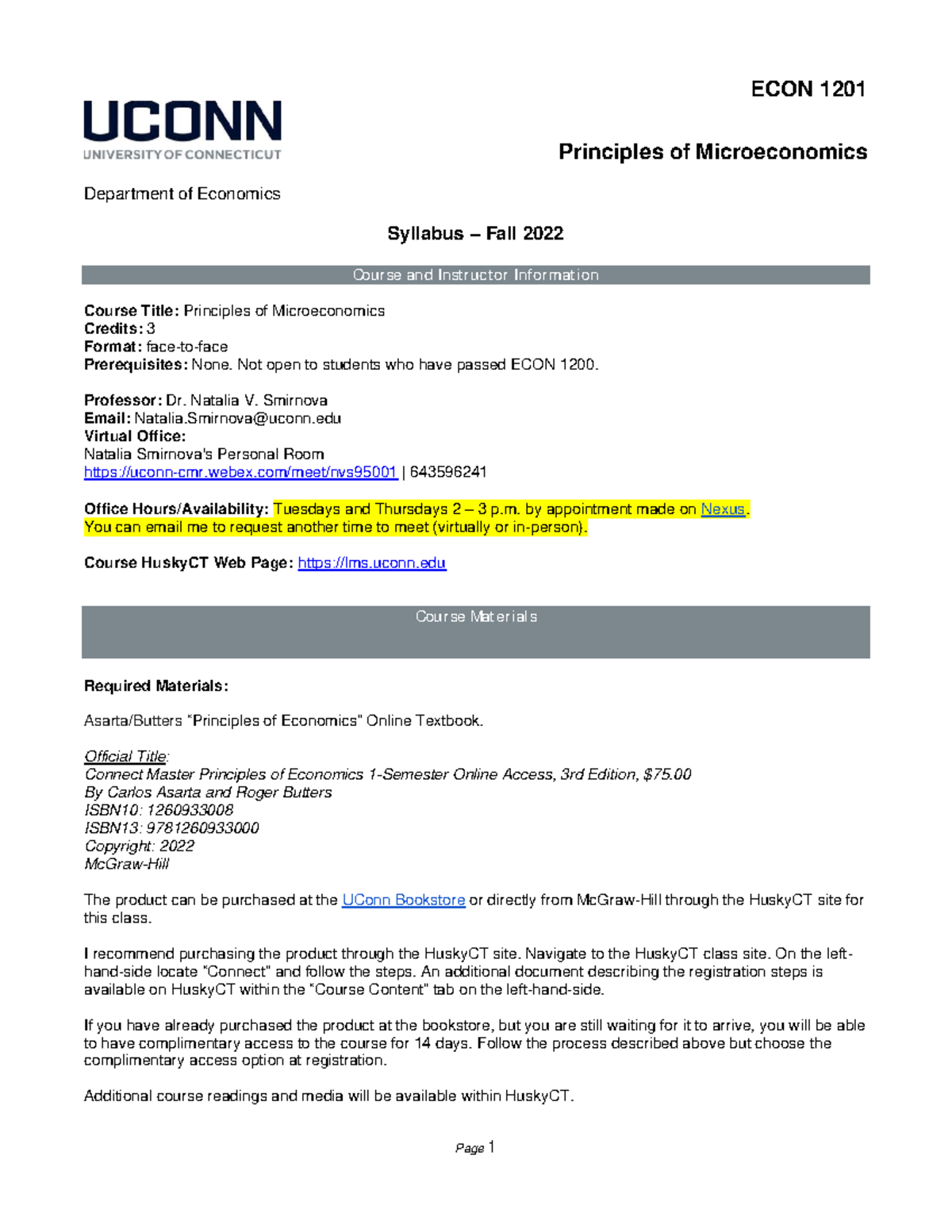 ECON 1201 - UConn Syllabus - ECON 1201 Principles of Microeconomics Department of Economics ...