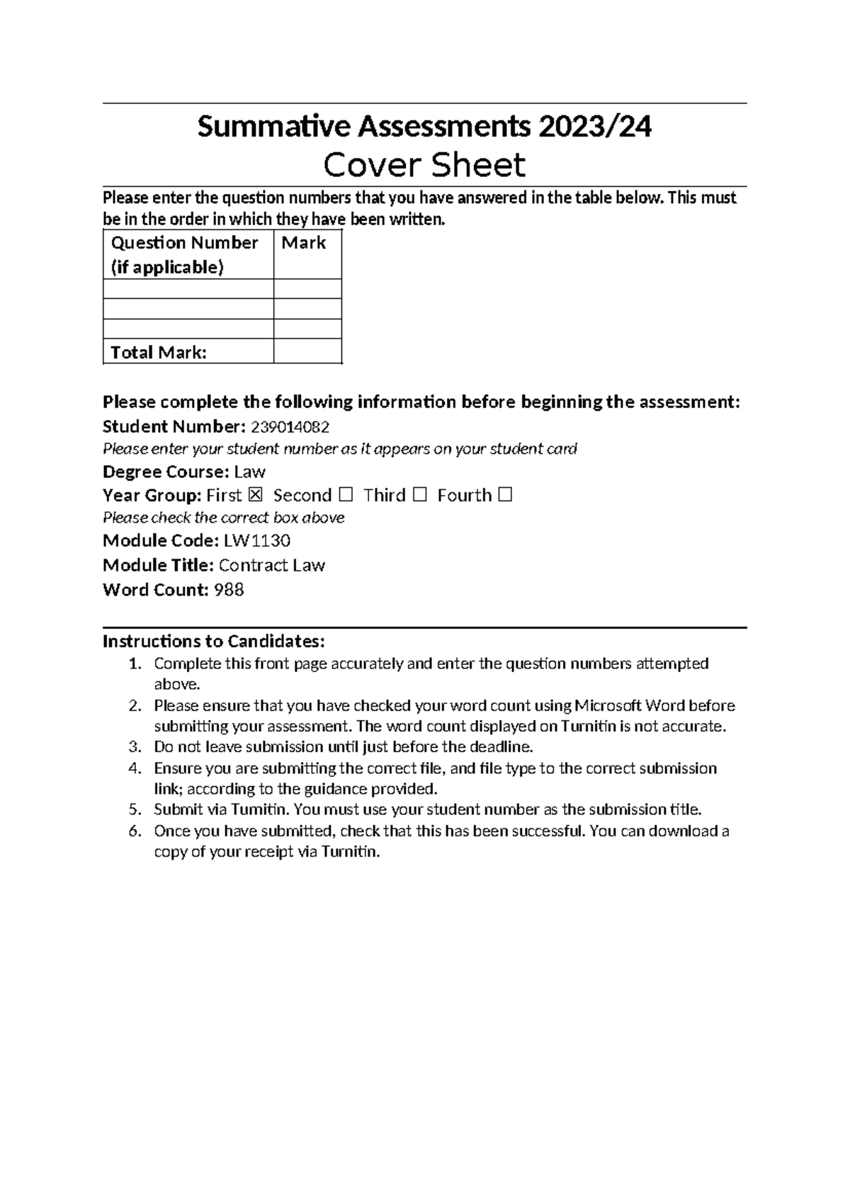 Contract Law - 20% summative - Summative Assessments 2023/ Cover Sheet Please enter the question ...