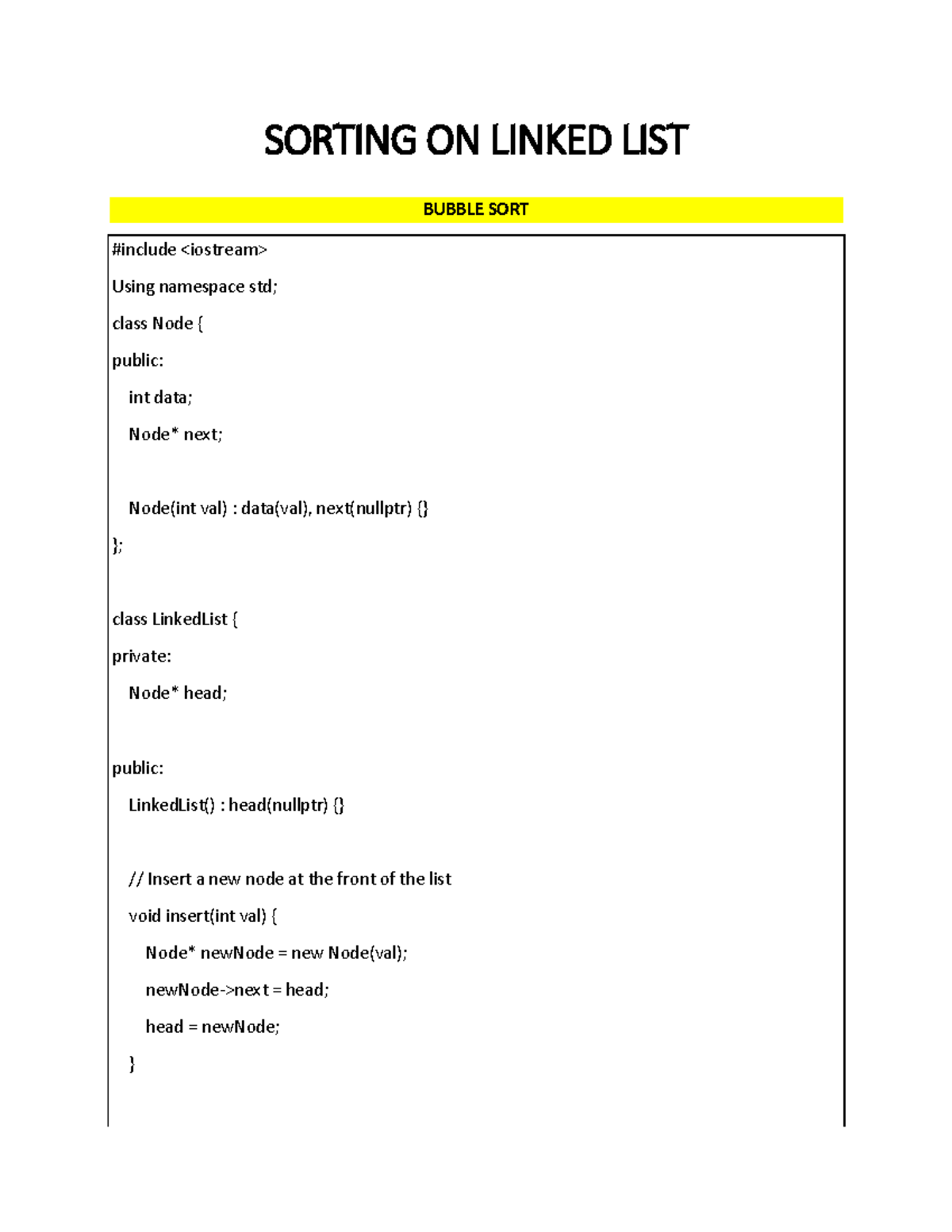 Sorting On Linked List Assign Sorting On Linked List Bubble Sort