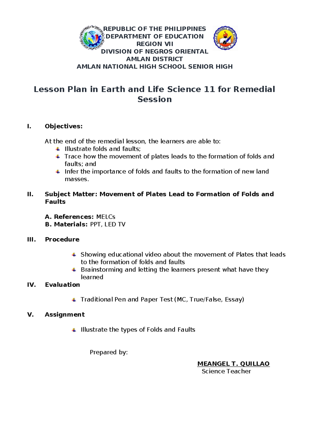 Remedial Lesson Plan Sample - REPUBLIC OF THE PHILIPPINES DEPARTMENT OF ...