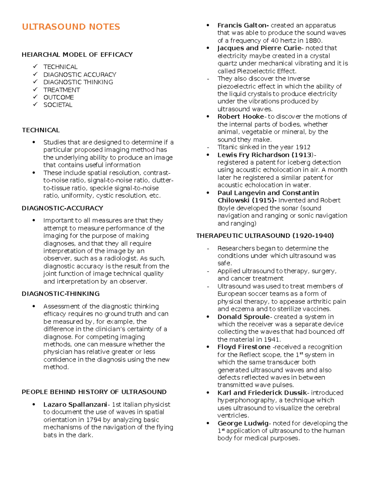 Ultrasound Notes - ULTRASOUND NOTES HEIARCHAL MODEL OF EFFICACY ...