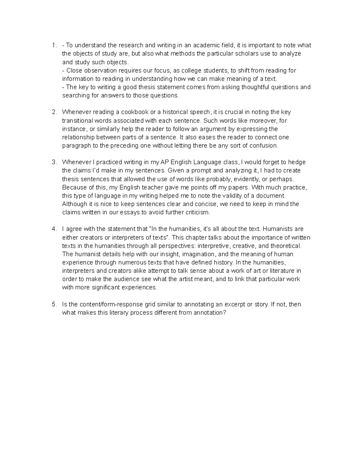 Reading Response Al Reading Writing in the Humanities - To understand ...