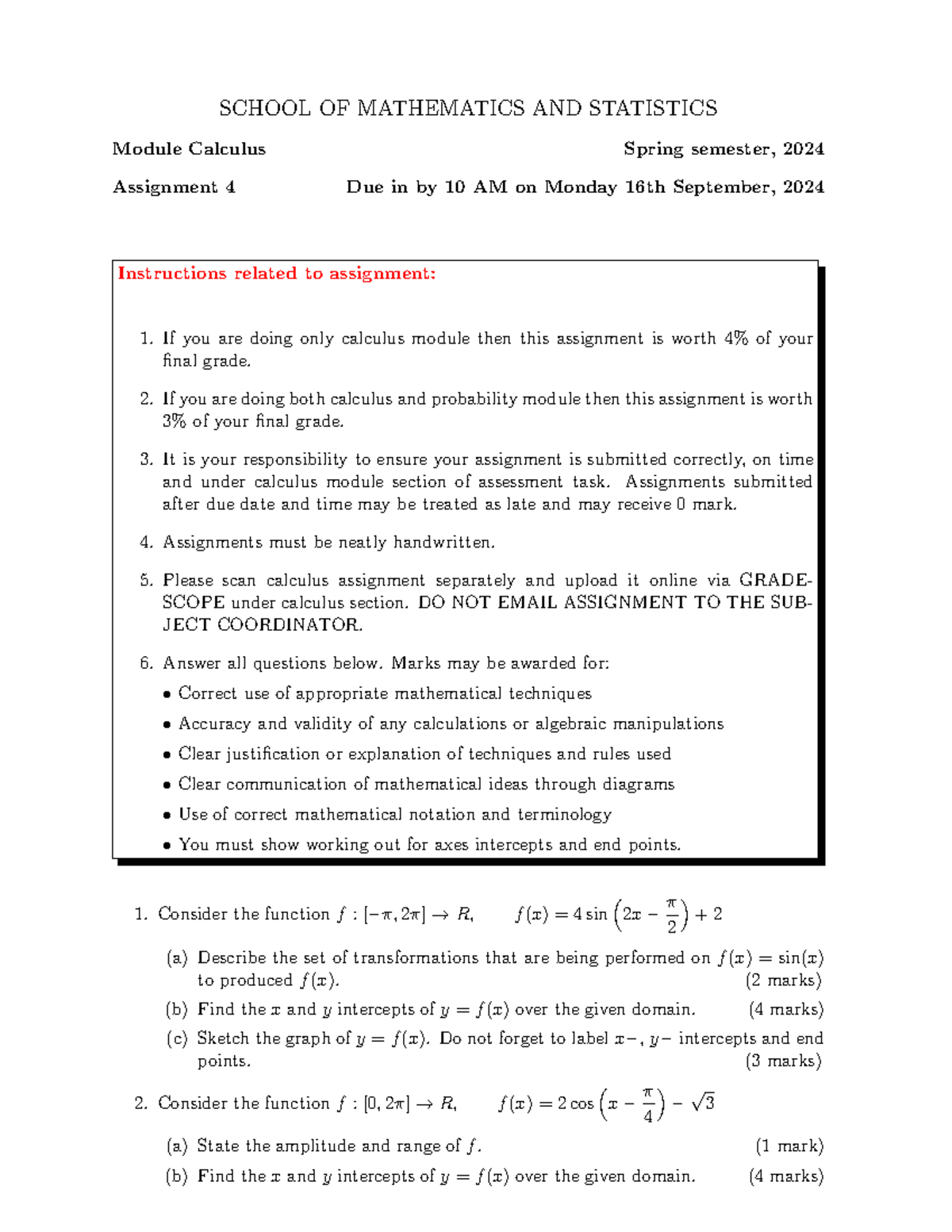 Calculus assignment 4 sem2 2024 - SCHOOL OF MATHEMATICS AND STATISTICS Module Calculus Spring ...