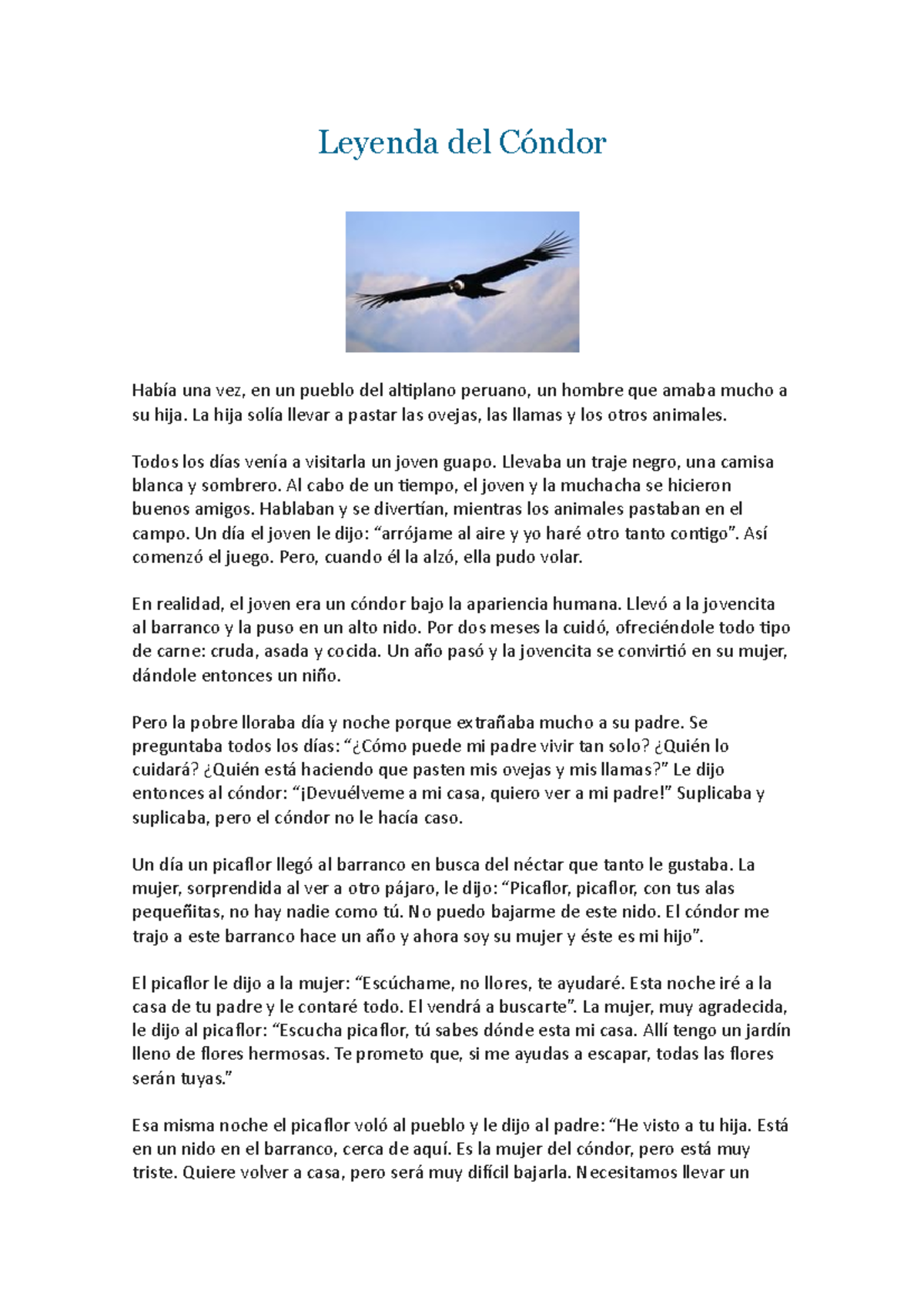 Ilide - LECTURA - Leyenda del Cóndor Había una vez, en un pueblo del ...