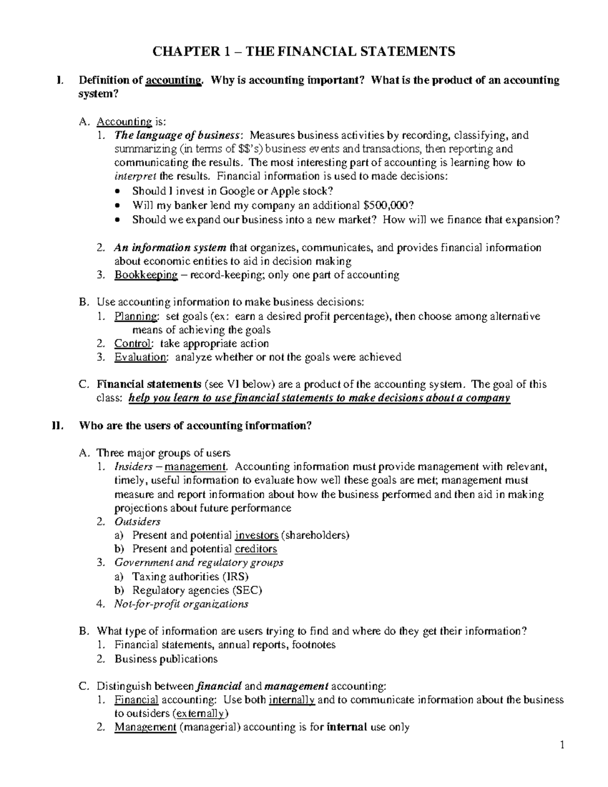 Ch 1 - Notes - CHAPTER 1 – THE FINANCIAL STATEMENTS I. Definition of ...