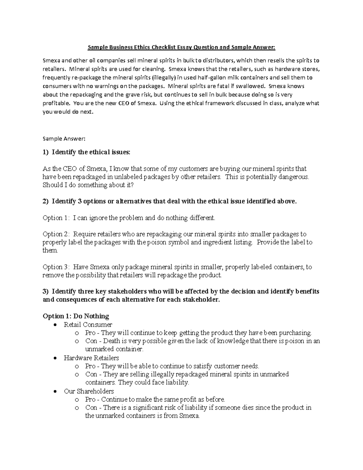 Sample Business Ethics Checklist Essay Question and Answer 2 - Sample ...