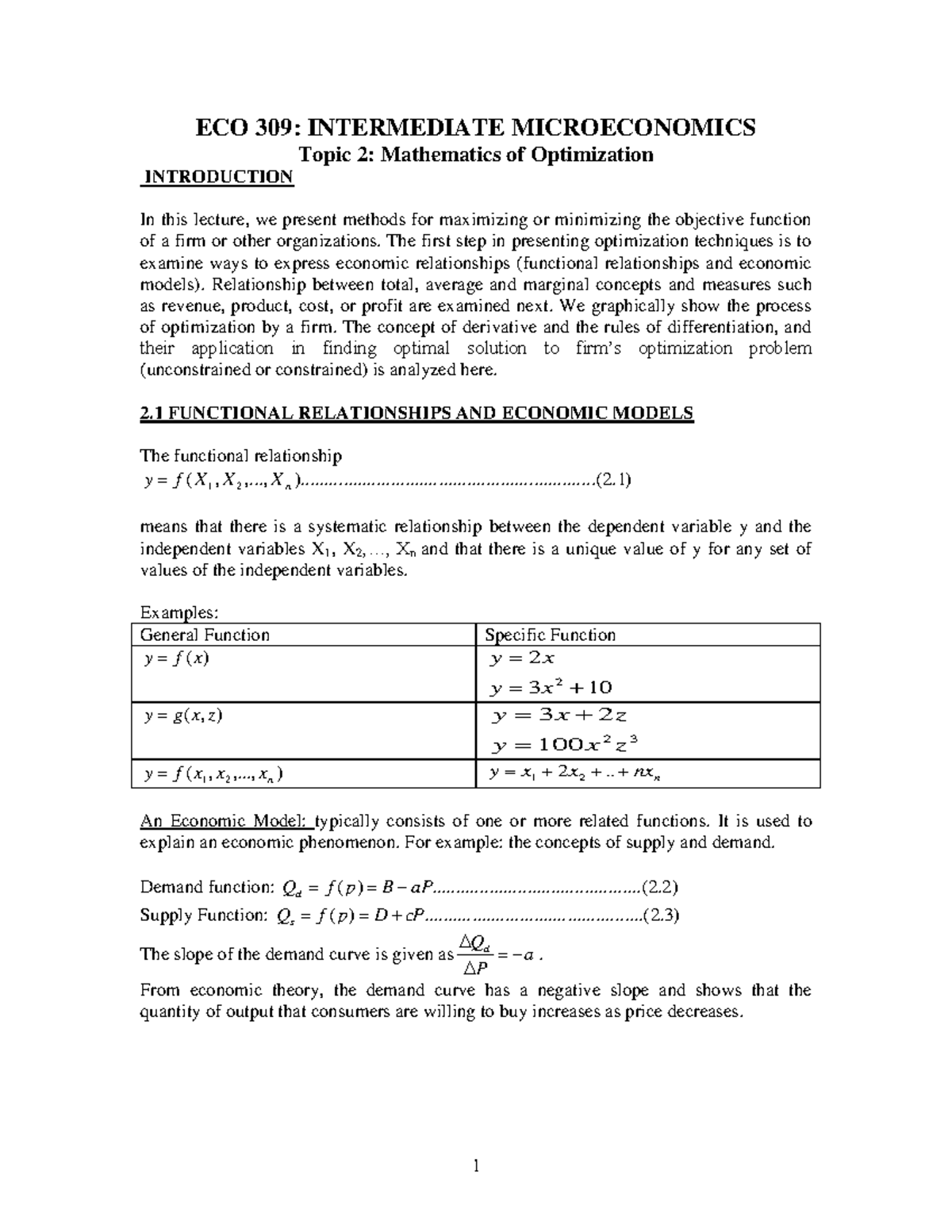 Mathematics of Optimization - ECO 309: INTERMEDIATE MICROECONOMICS ...