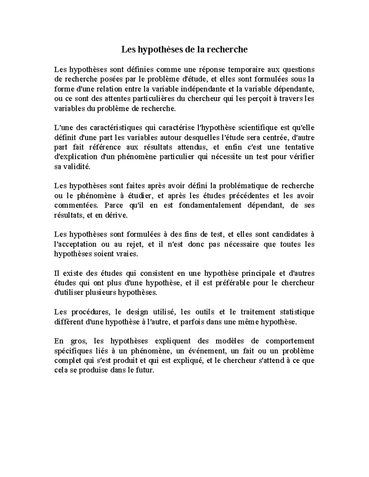Les hypothèses de la recherche - Les hypothèses de la recherche Les ...