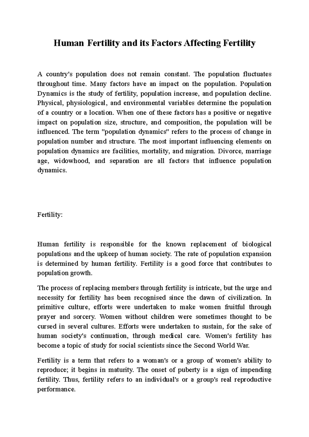 Human Fertility and its Factors Affecting Fertility - The population ...