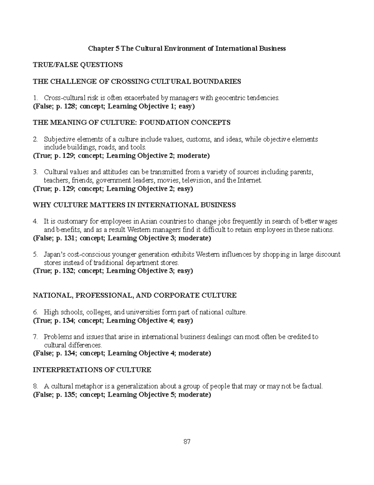 international business test bank chap 4 - Chapter 5 The Cultural ...