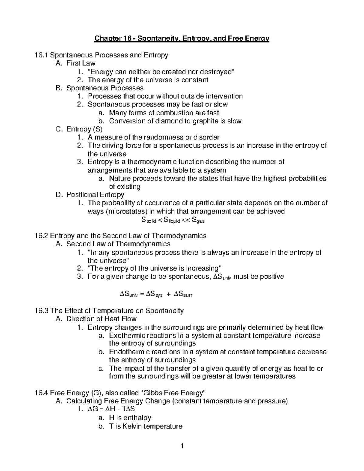 Chapter 16 - Spontaneity, Entropy, and Free Energy - First Law 1 ...