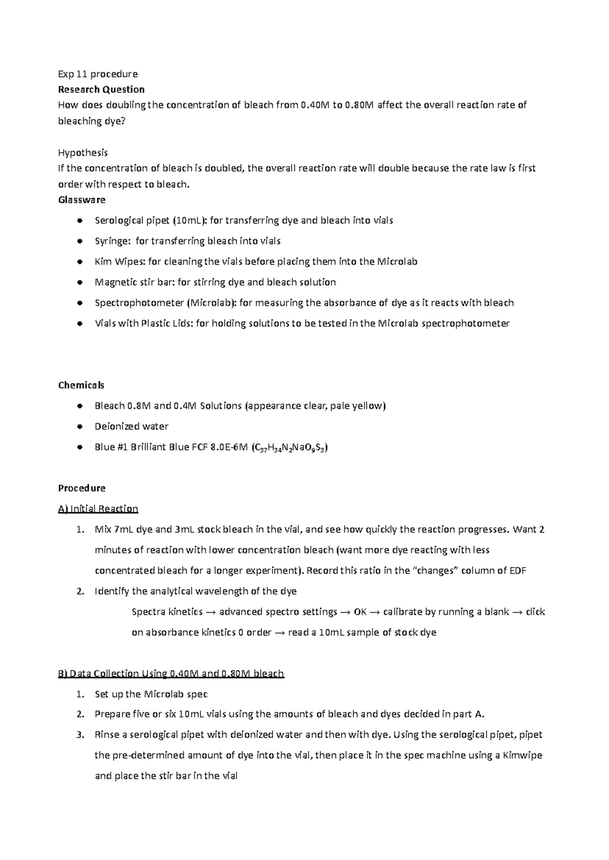 CHEM123 Exp 11 procedure - Exp 11 procedure Research Question How does ...