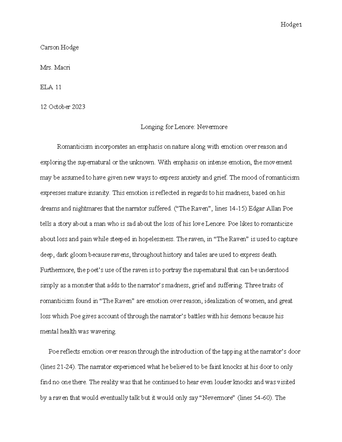 Raven - Carson Hodge Mrs. Macri ELA 11 12 October 2023 Longing for ...