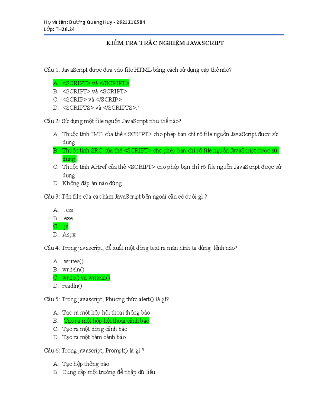 Quiz2 on tap Java Script - H ọ và tên: D ương Quang Huy - 2621210584 L ...