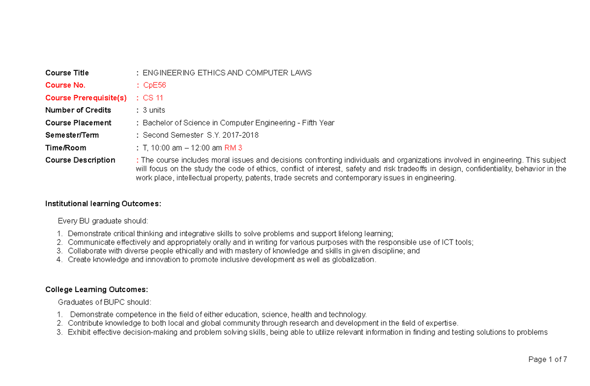 Ethics OBE Syllabus new1 - Course Title : ENGINEERING ETHICS AND COMPUTER LAWS Course No ...