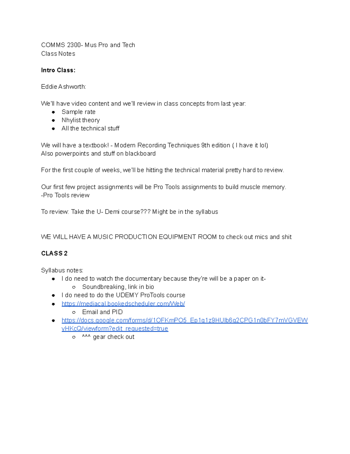 Music Prod and Tech I MDIA 2300 Notes - COMMS 2300- Mus Pro and Tech ...
