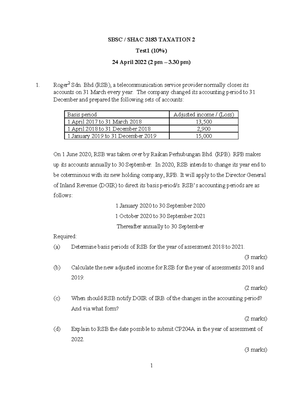 Sbscshac 3183 TEST1 202120222 - SBSC / SHAC 3183 TAXATION 2 Test1 (10% ...