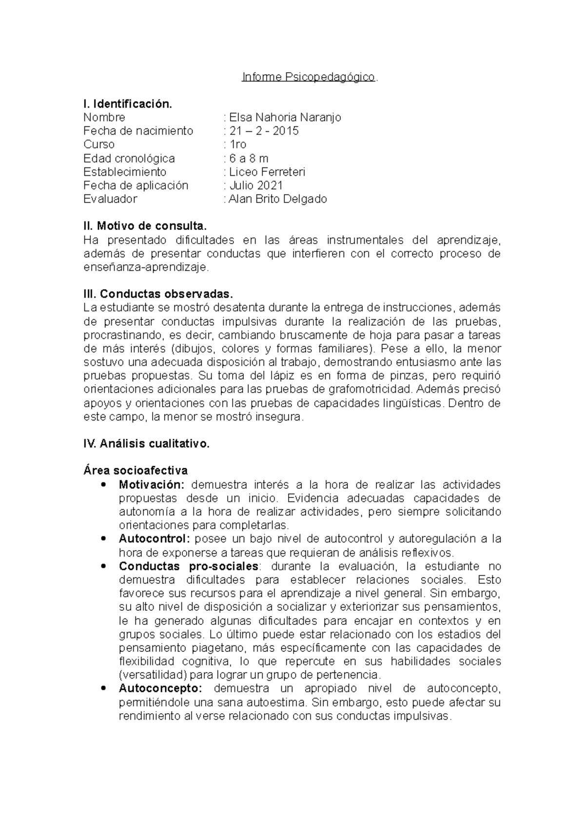 Elsa Nahoria Naranjo - psicopedagogia - Informe Psicopedagógico. I ...