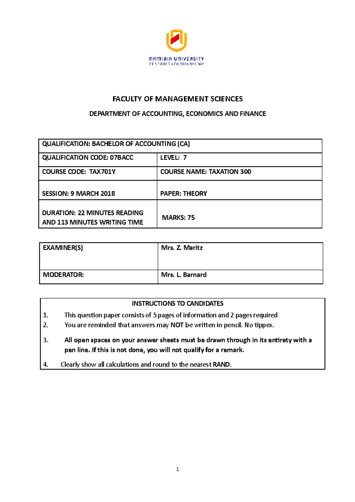 Test 1 2018 - taxation test 1 question paper 2018 - FACULTY OF ...