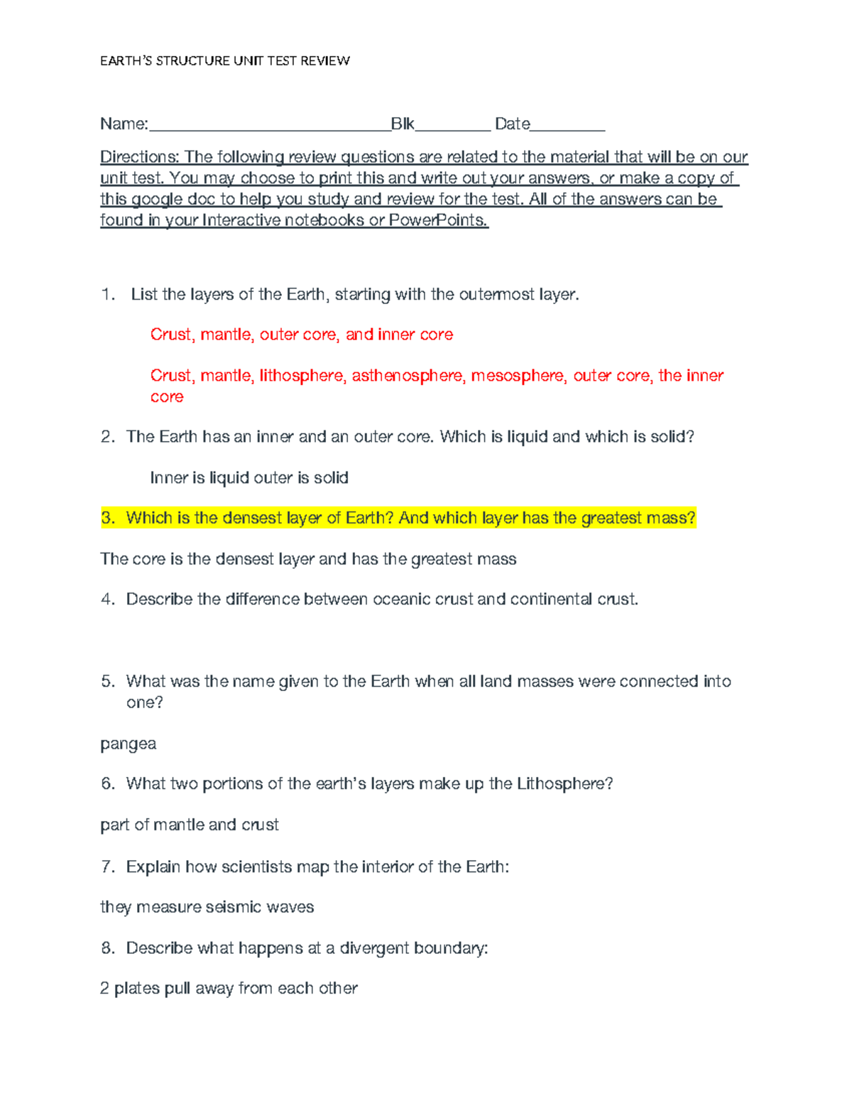 Earth Study Guide - Name:___________Blk Date Directions: The following ...