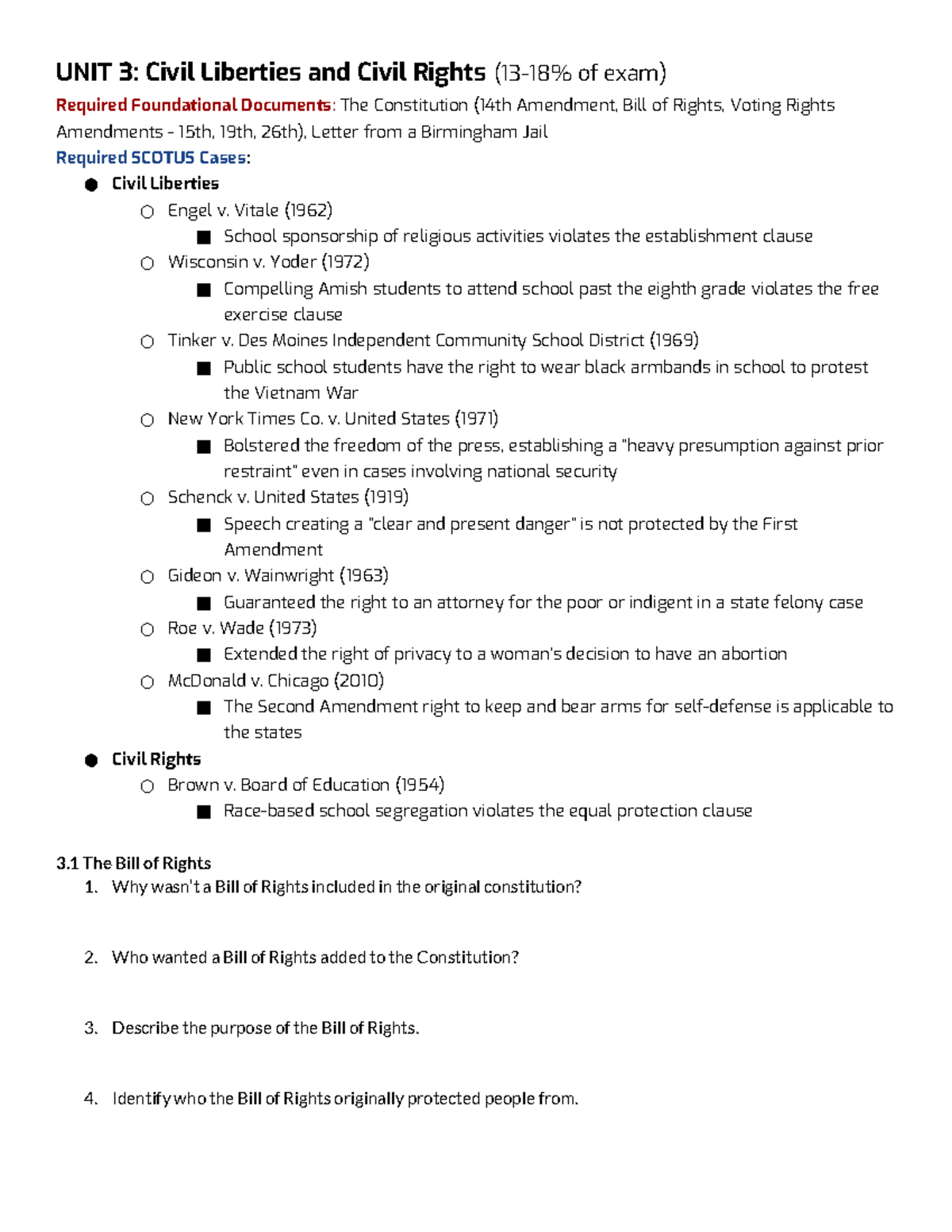 Copy of Wallace Unit 3 Review Handout - UNIT 3: Civil Liberties and ...