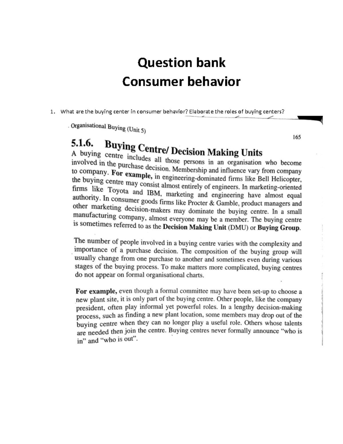 Consumer behavior question bank - MMS - Question bank Consumer behavior ...