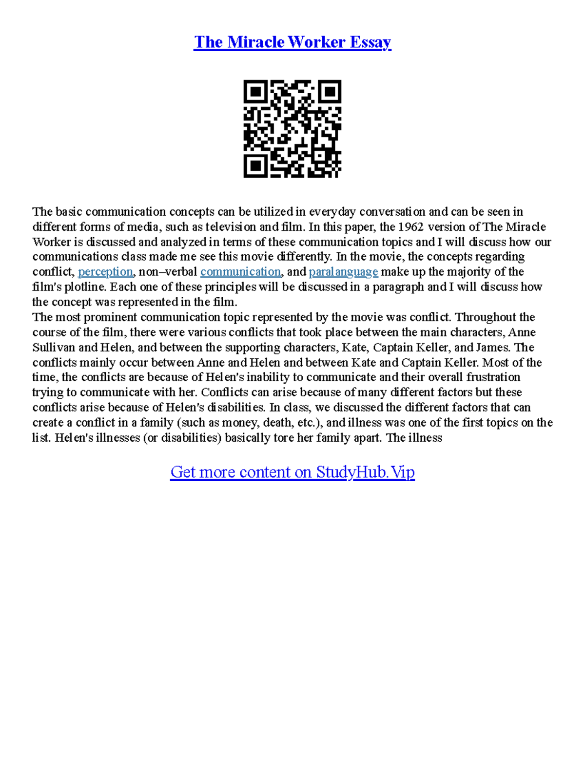 The Miracle Worker Essay - In this paper, the 1962 version of The ...