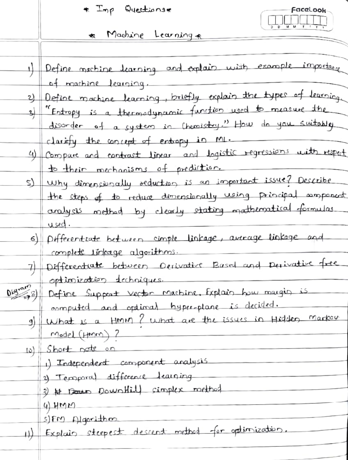 Ml-imp-Q - ML IMP QUESTION - tTnp uestions* FacaLook Maohine Lear ning a 1 Define machine ...