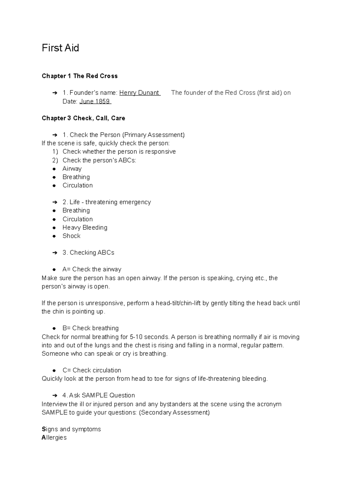 First Aid Final Exam - First Aid Chapter 1 The Red Cross 1. Founder’s ...