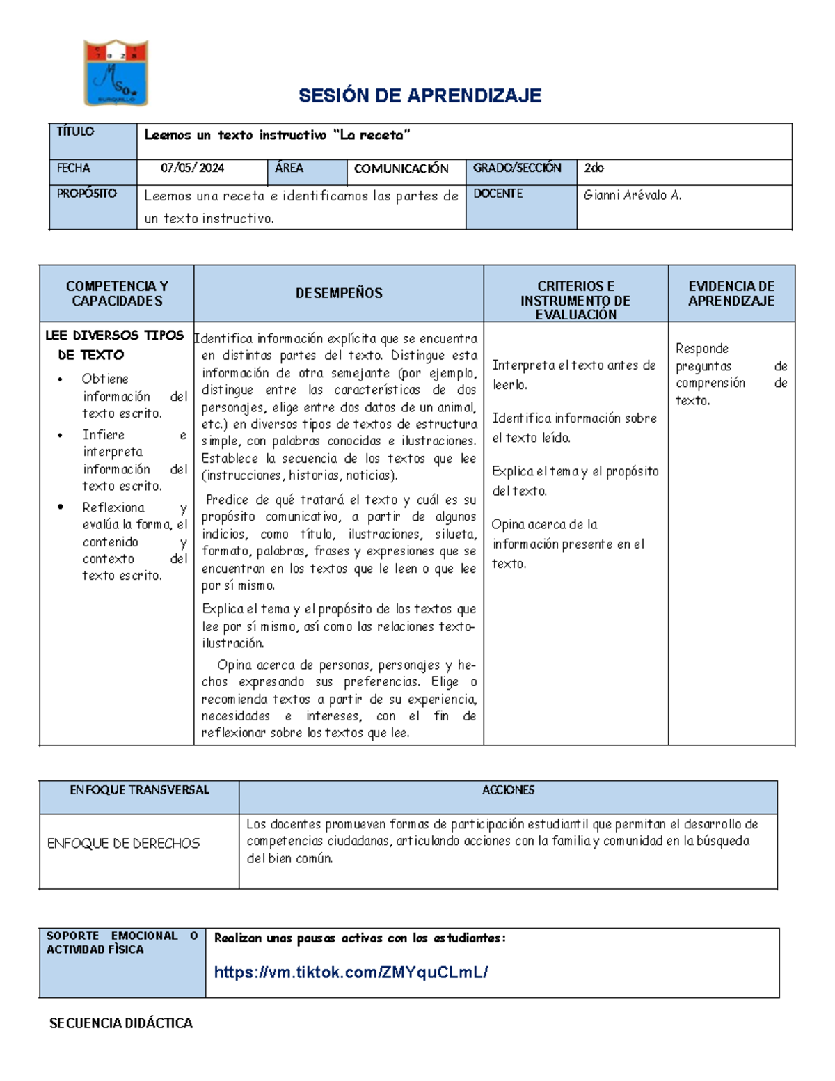 COM leemos una receta - SESIÓN DE APRENDIZAJE TÍTULO Leemos un texto instructivo “La receta ...